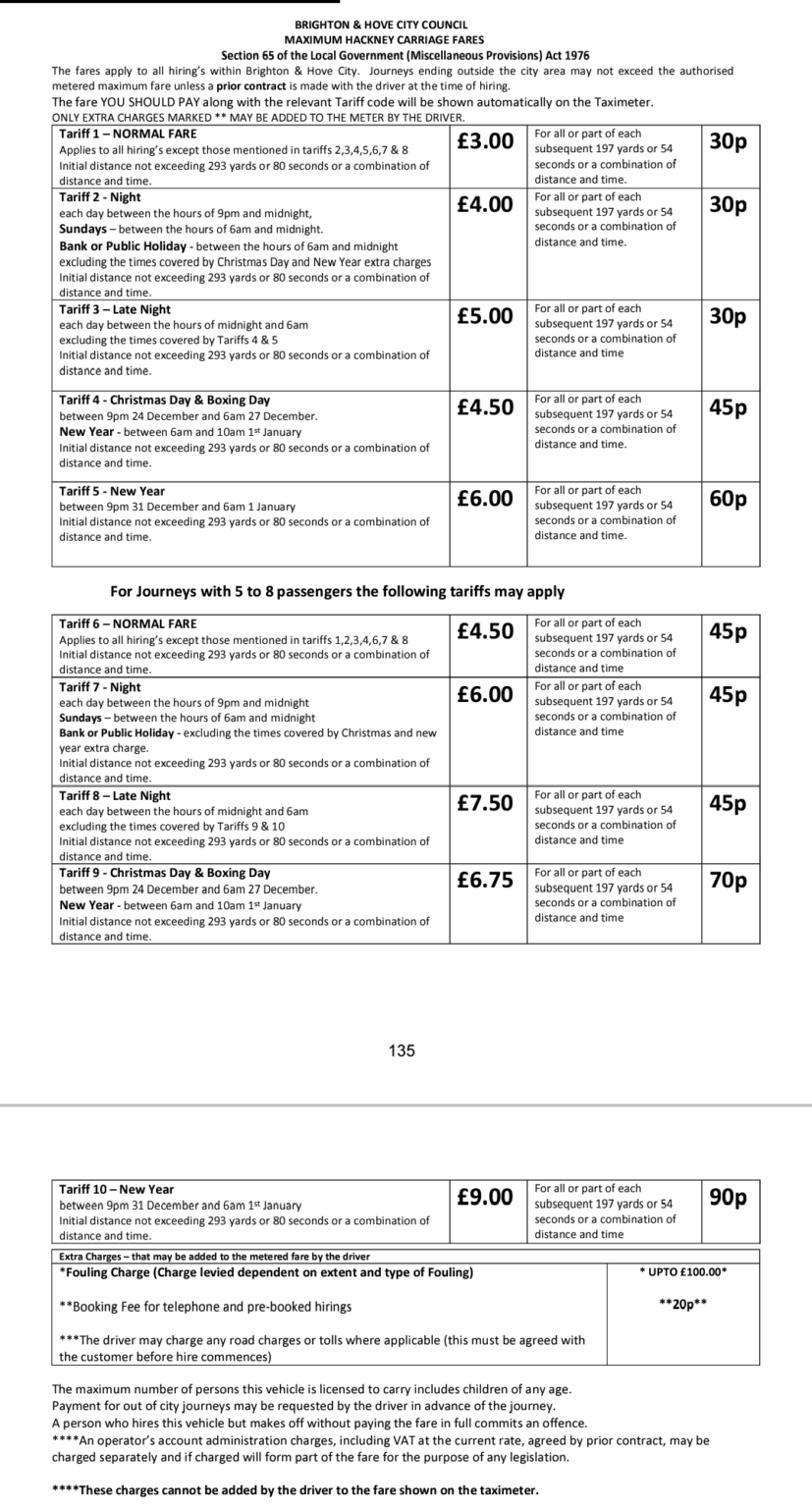 Tariffs | Brighton & Hove Radio Cabs